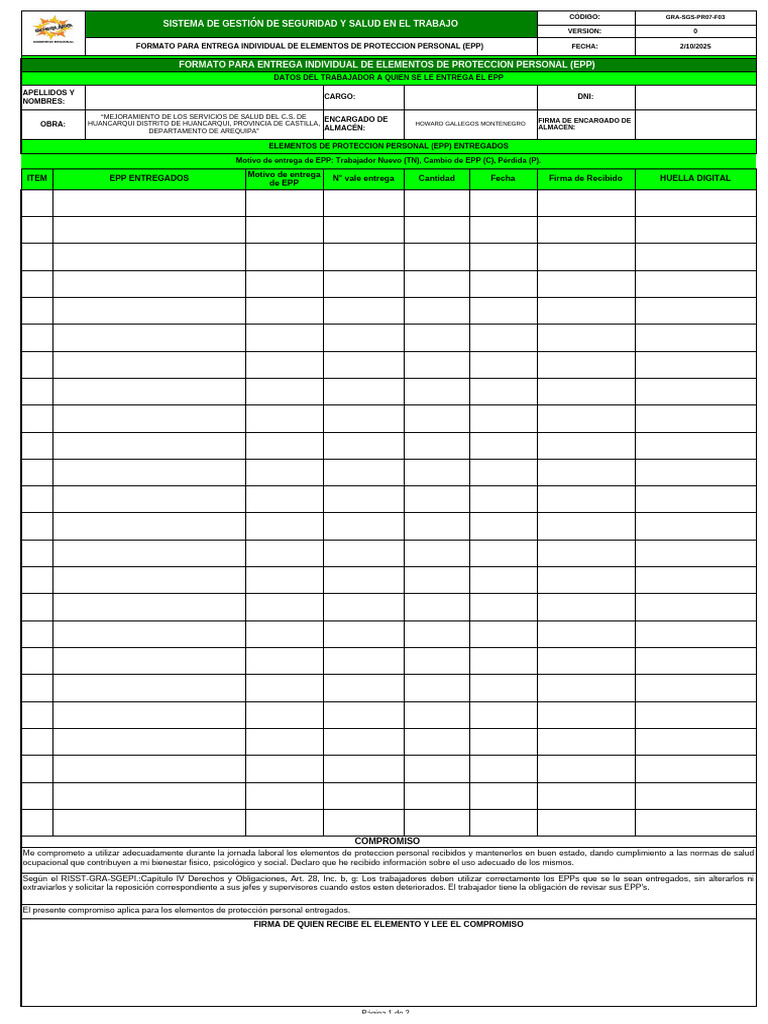 SST-FOR-071 - Formato de Entrega Individual de EPP | PDF