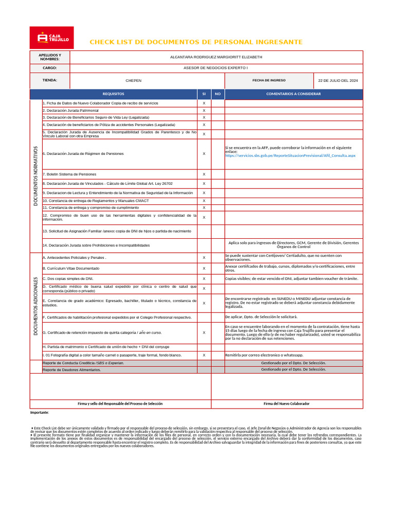 1. Check List Documentos Ingreso | PDF
