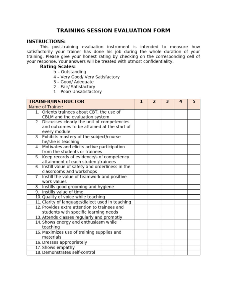 TRAINING SESSION EVALUATION FORM Template | PDF | Learning | Evaluation