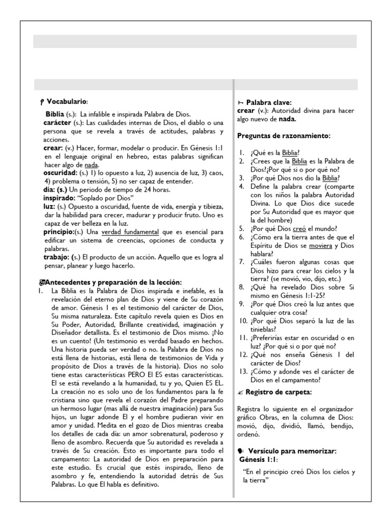 2017 Plan de Lección Dia 1 - Sesión 1 | PDF | Narrativa de la creación del Génesis | Dios