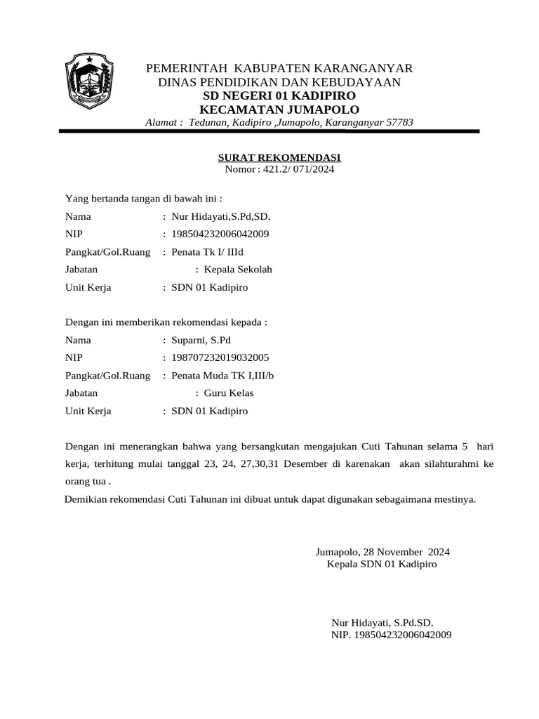 Surat Permohonan Cuti Suparni | PDF