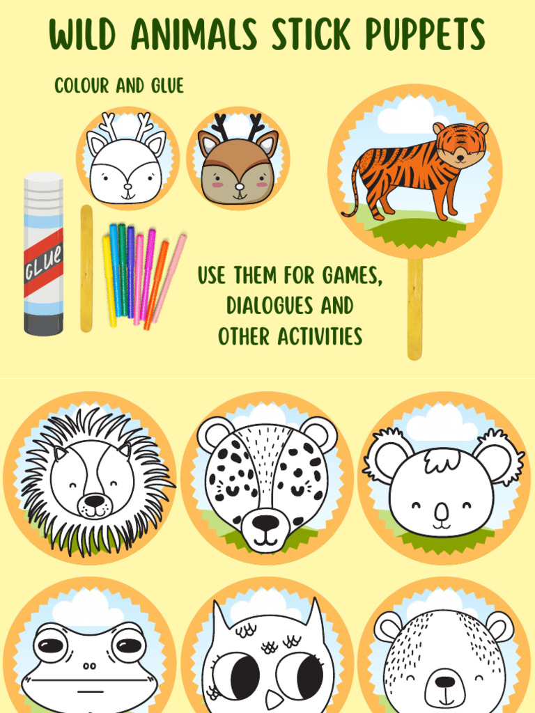 Wild Animals Stick Puppets: Colour and Glue | PDF