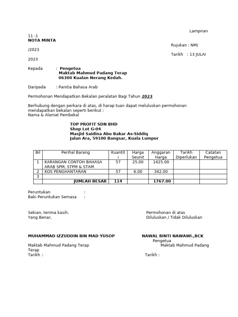 Contoh Nota Minta LAM | PDF
