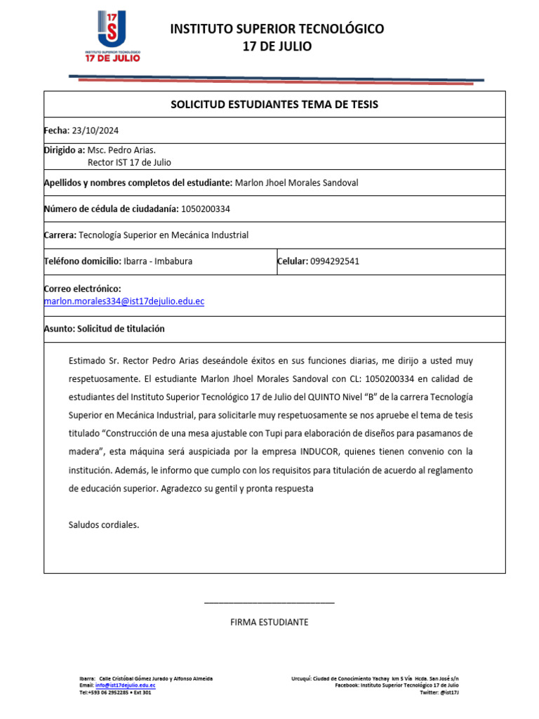 Solicitud Titulación Modelo Morales | PDF