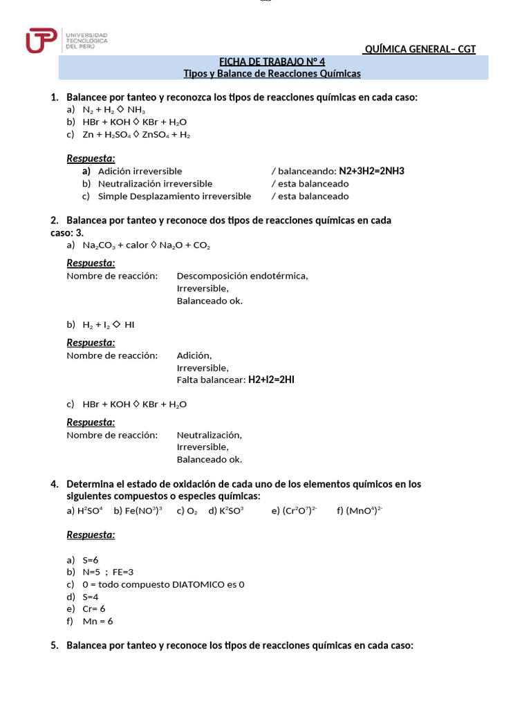 U2 s4 Ficha de Trabajo 4 Ejercicios Sobre Tipos y Balance de Reacciones Quimicas | PDF | Redox ...