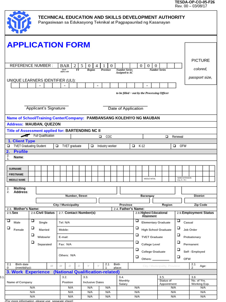 BAR Application Form 25 Mauban | PDF