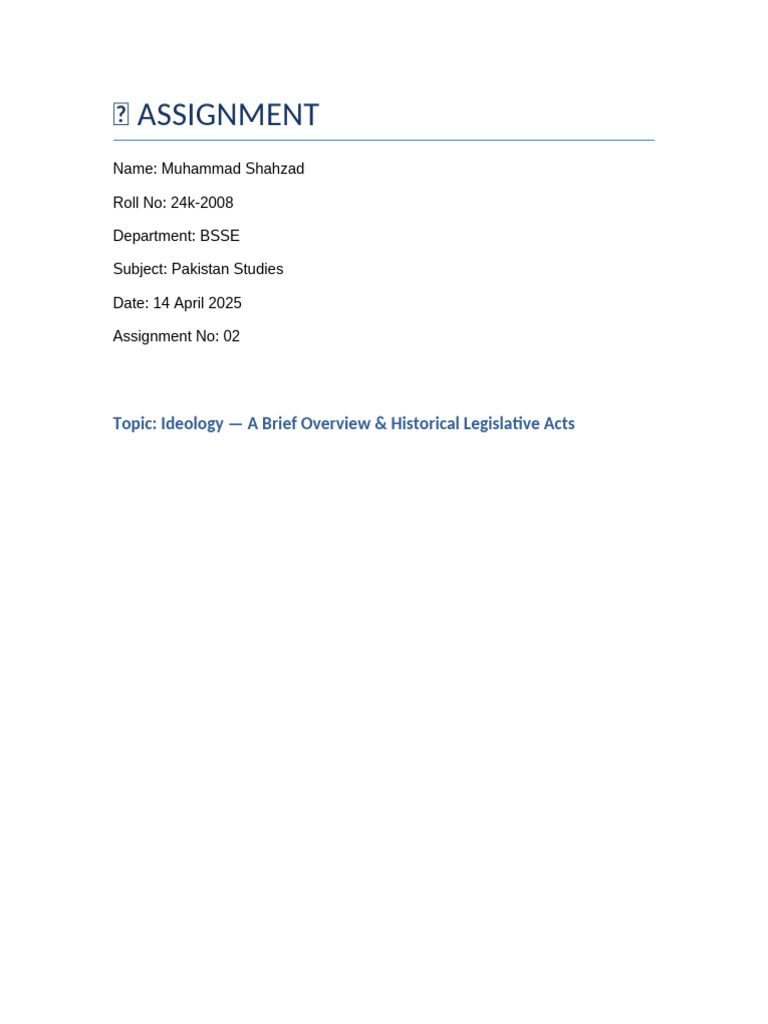Ideology and Acts Assignment | PDF | Pakistan | Two Nation Theory