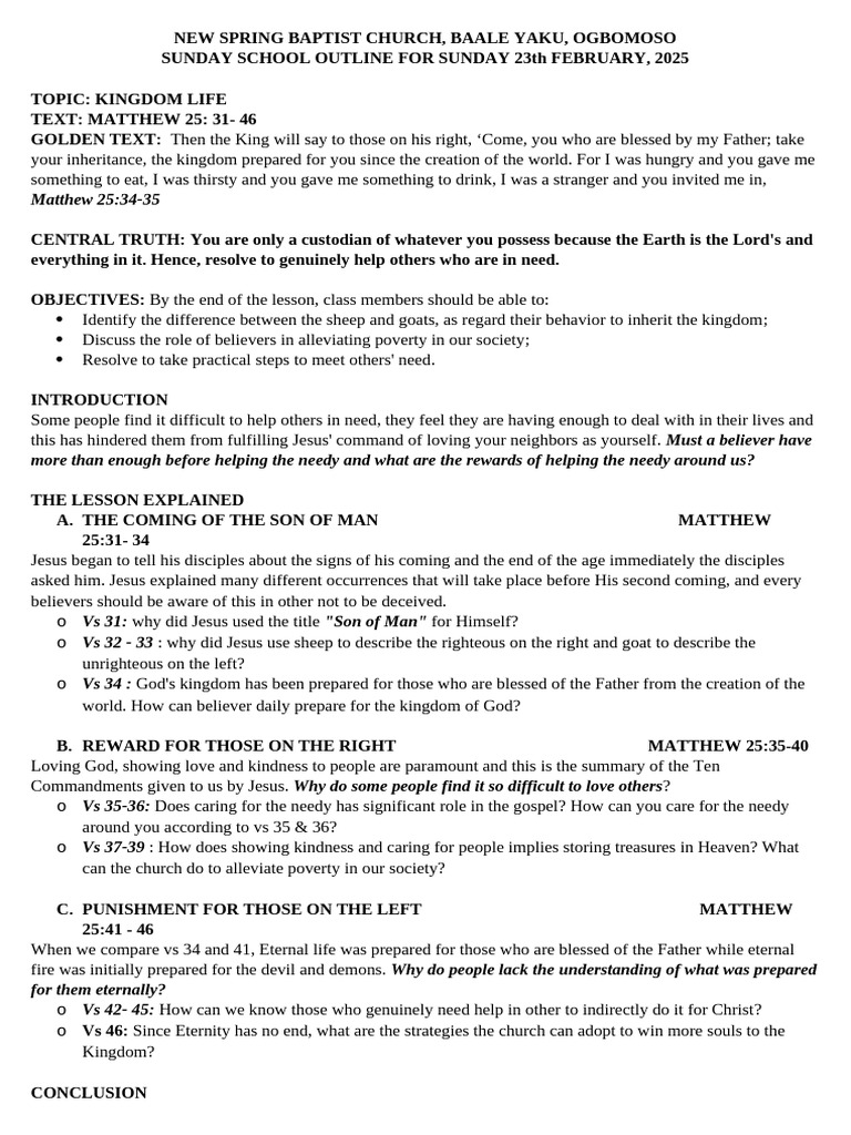 Sunday School Outline For Sunday 23RD, 2025 | PDF | Jesus | Gospel Of ...