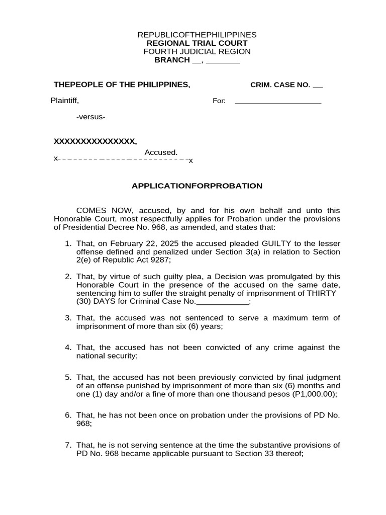 Application for Probation in Criminal Case | PDF | Probation | Sentence ...
