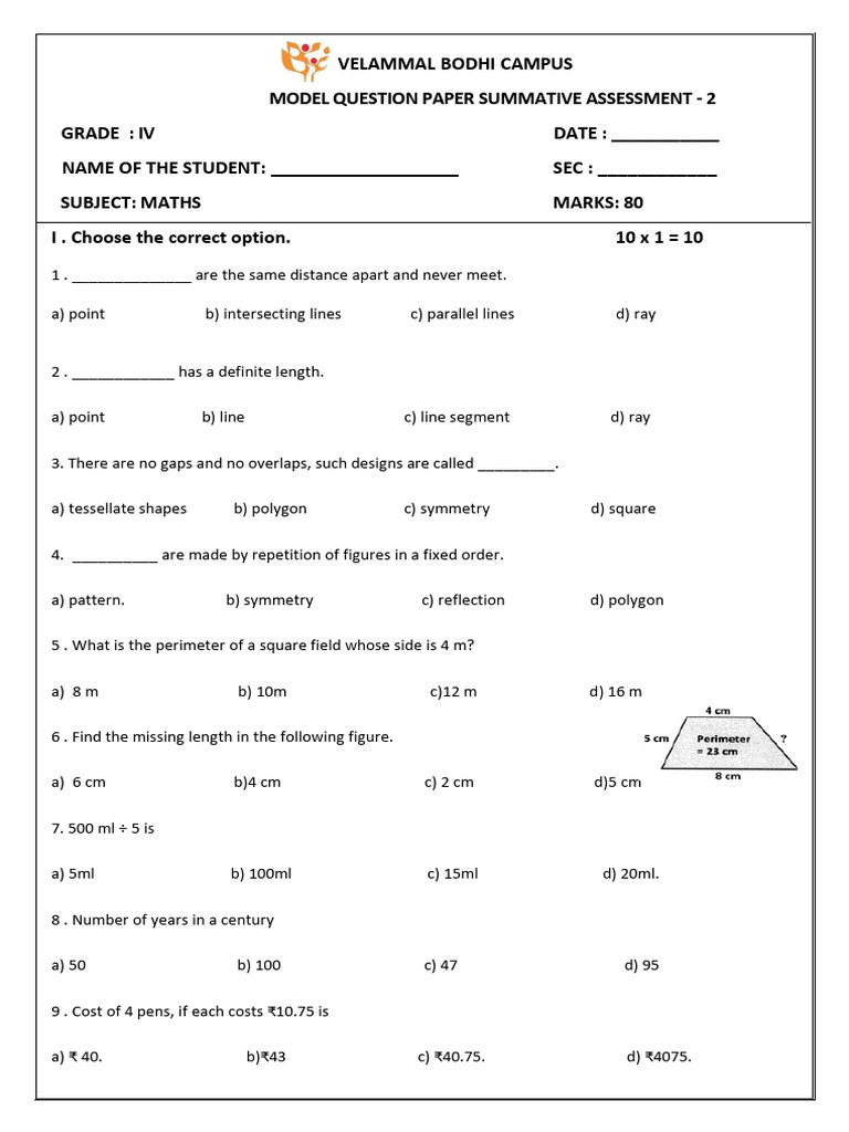 Grade IV Maths Model Question Paper | PDF | Circle | Length