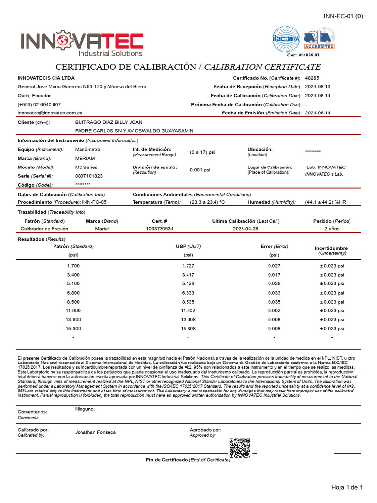 CC - Manómetro Meriam M2 SERIES 17 Calibracion | PDF | Cantidades ...