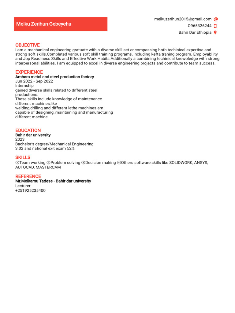 Melku Zerihun Gebeyehu: Objective | PDF