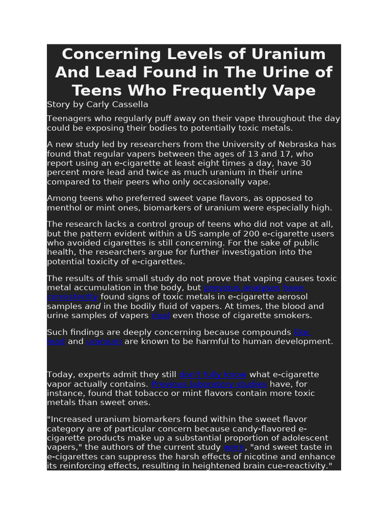 Uranium and Lead in Teen Vapers' Urine | PDF | Electronic Cigarette ...