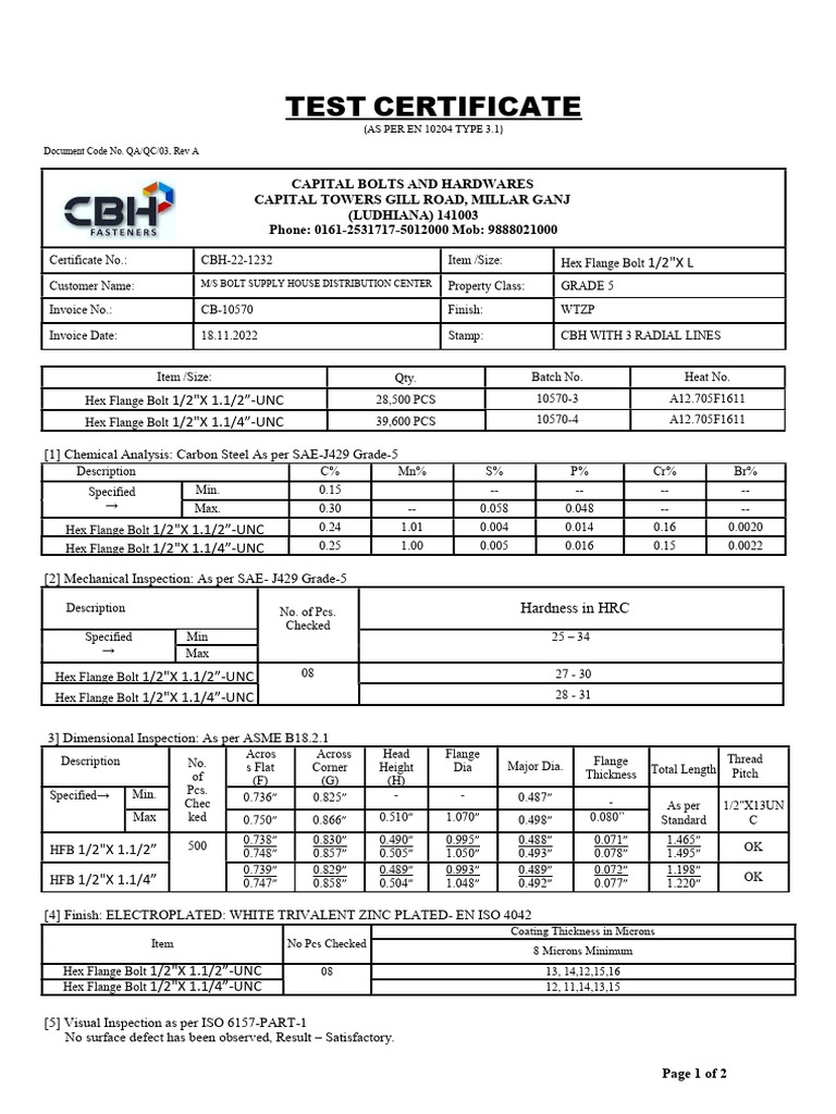 EN 10204 Type 3.1 Test Certificate for Bolts | PDF | Screw | Building ...