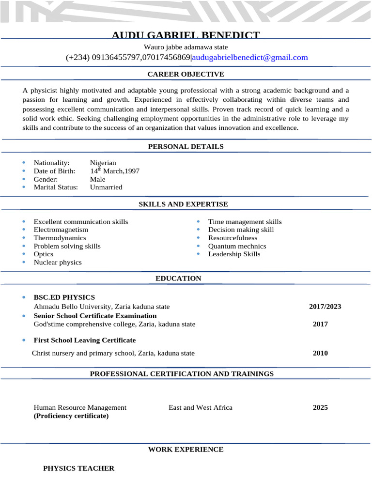 Audu Gabriel Benedict | PDF | Physics | Teachers