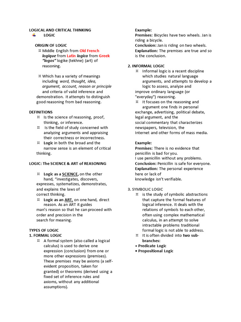 Logic and Critical Thinking Reviewer | PDF | Logic | Concept