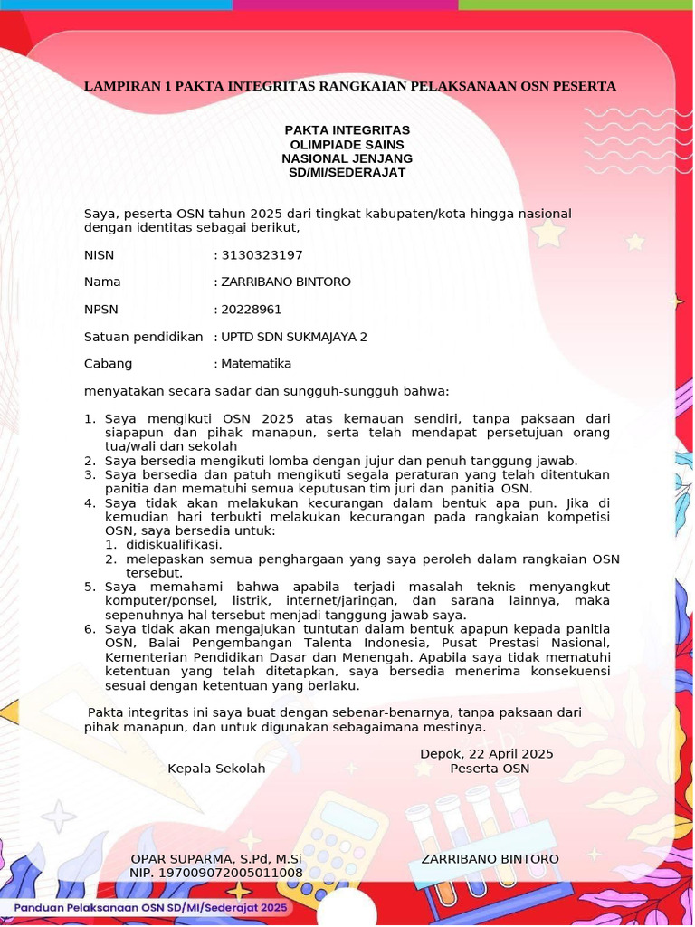4546 Pakta Integritas Peserta Osn SD 2025 | PDF