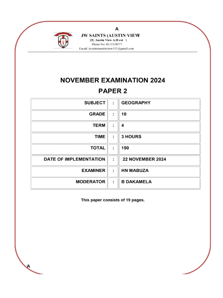 Grade 10 Geography Paper 2 Nov 2024 | PDF | Water Scarcity | Human ...