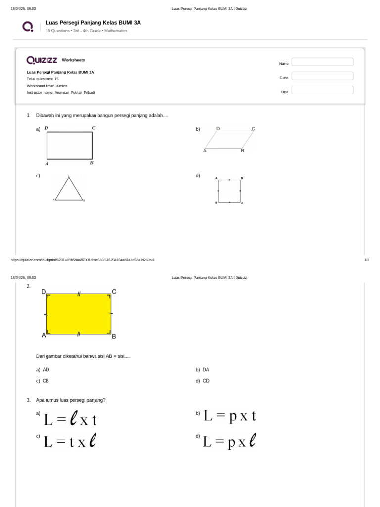 Quizizz - Luas Persegi Panjang Kelas BUMI 3A | PDF