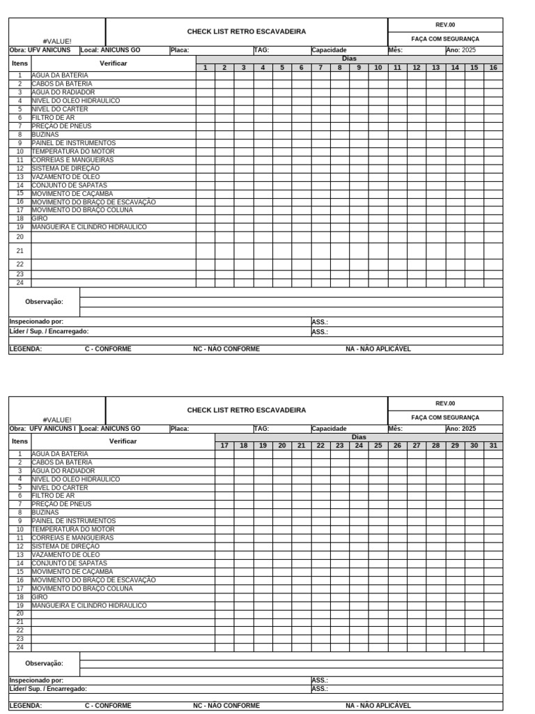 Check List Retro Escavadeira | PDF