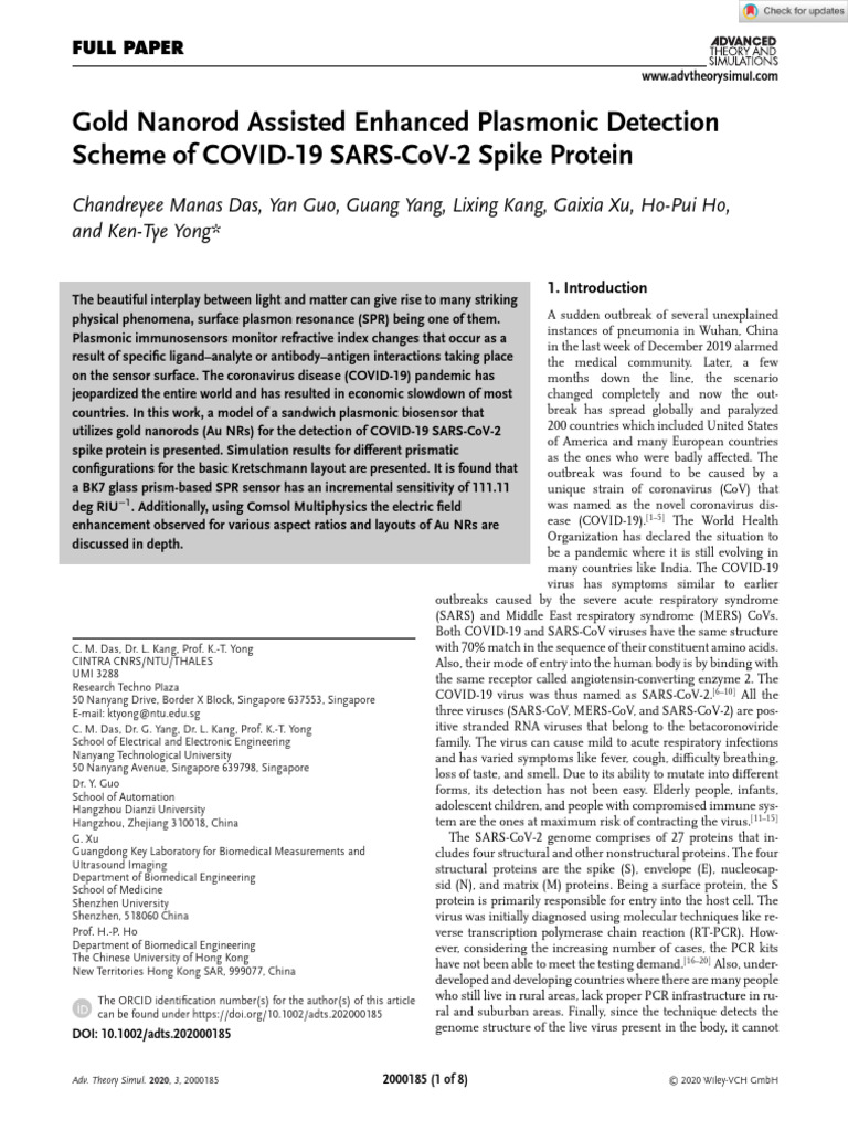 Advcd Theory and Sims - 2020 - Das - Gold Nanorod Assisted Enhanced Plasmonic Detection Scheme ...