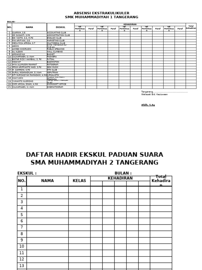 Daftar Kehadiran Ekstrakurikuler SMK | PDF