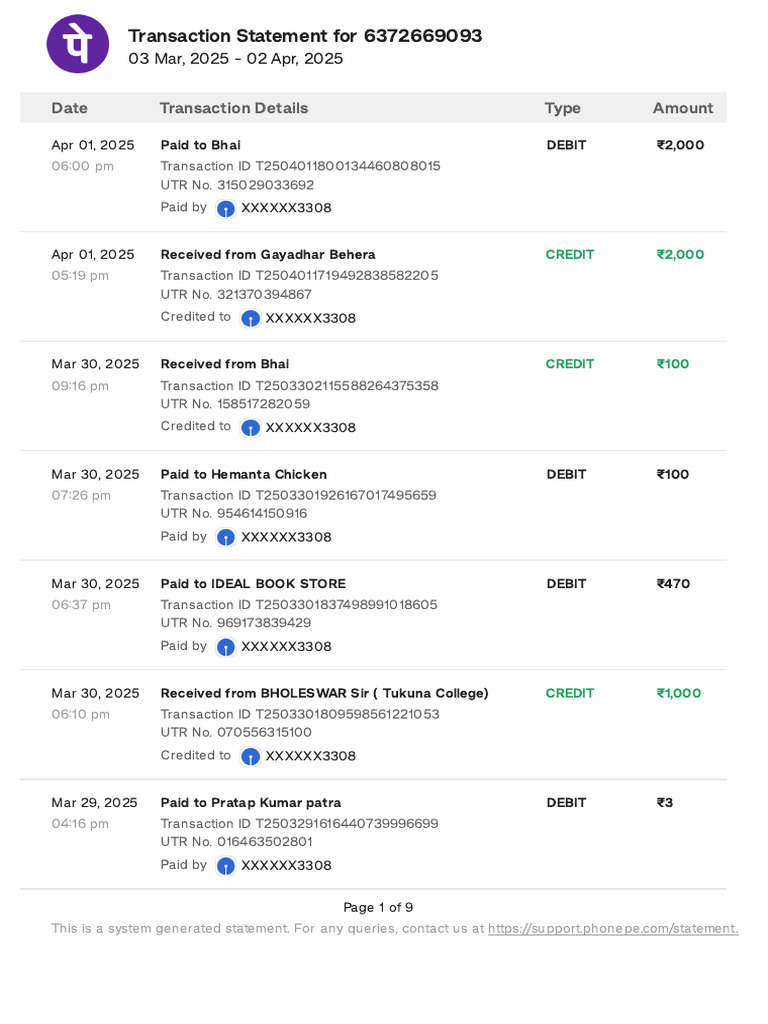 PhonePe Statement Mar2025 Apr2025 | PDF | Debits And Credits | Debit Card