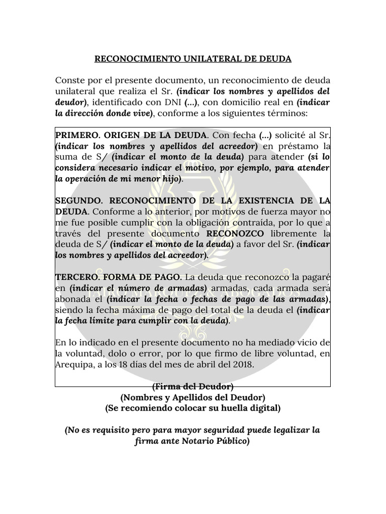 Modelo de Escrito de Reconocimiento de Deuda Unilateral y Bilateral ...