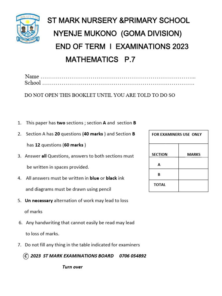 P.7 Mathematics Exam Paper 2023 | PDF | Numbers | Multiplication