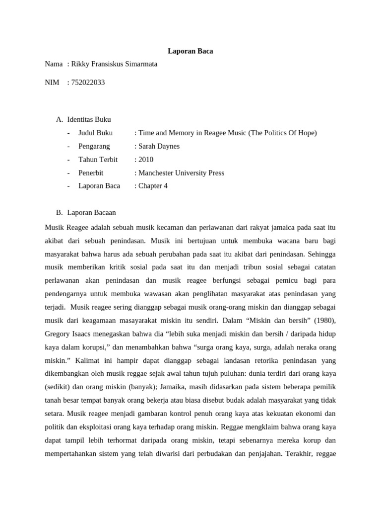 Laporan Baca Ritual Simbol Time and Memory in Reage Music Rikky Fransiskus Simarmata | PDF