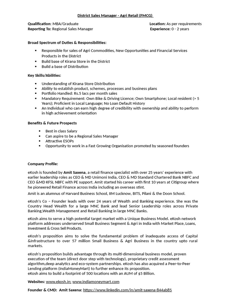District Sales Manager - Agri Retail (FMCG) | PDF | Economies | Business