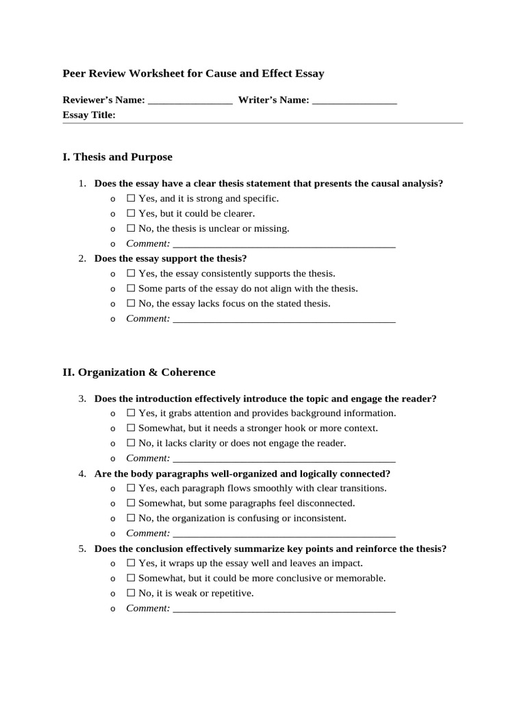 E1 - Peer Review Worksheet For Cause and Effect Essay | PDF | Essays ...