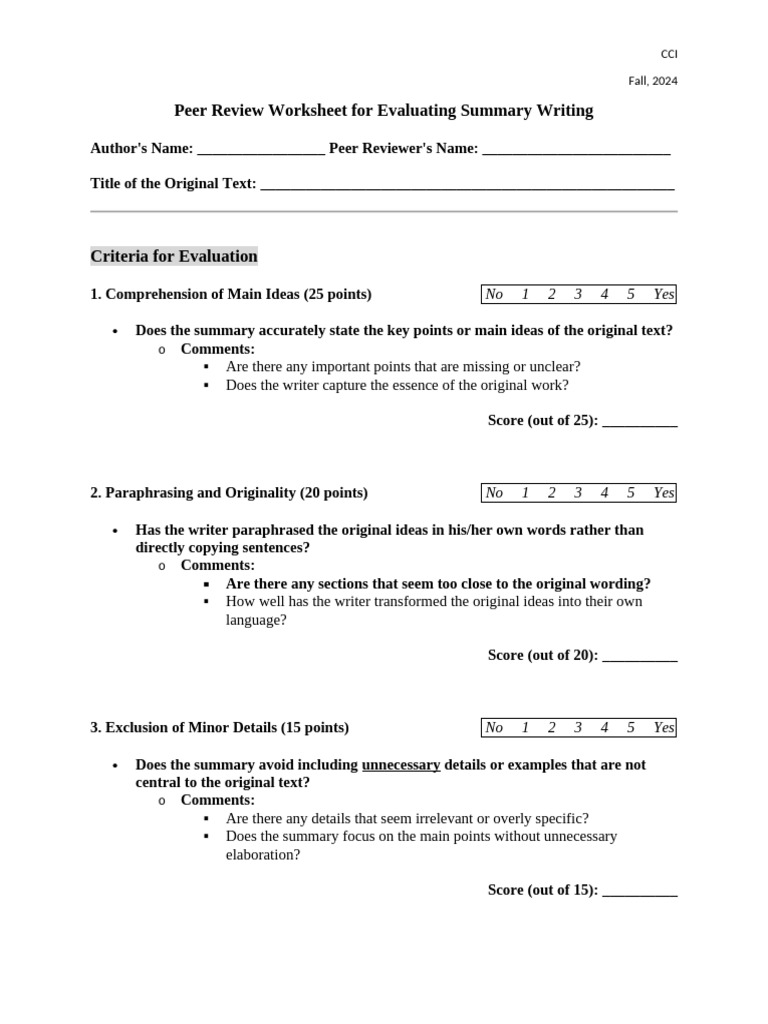Peer Review Worksheet for Evaluating Summary Writing | PDF ...