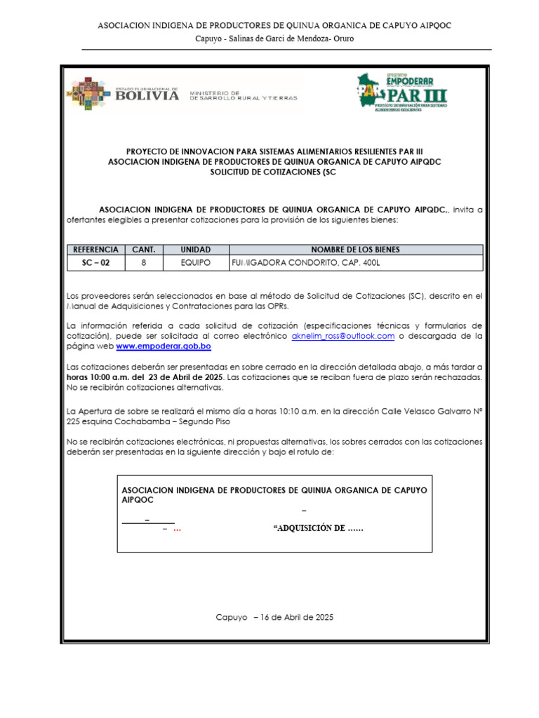 680108a67370e - Publicacion Capuyo Segunda Convocatoria | PDF | Factura