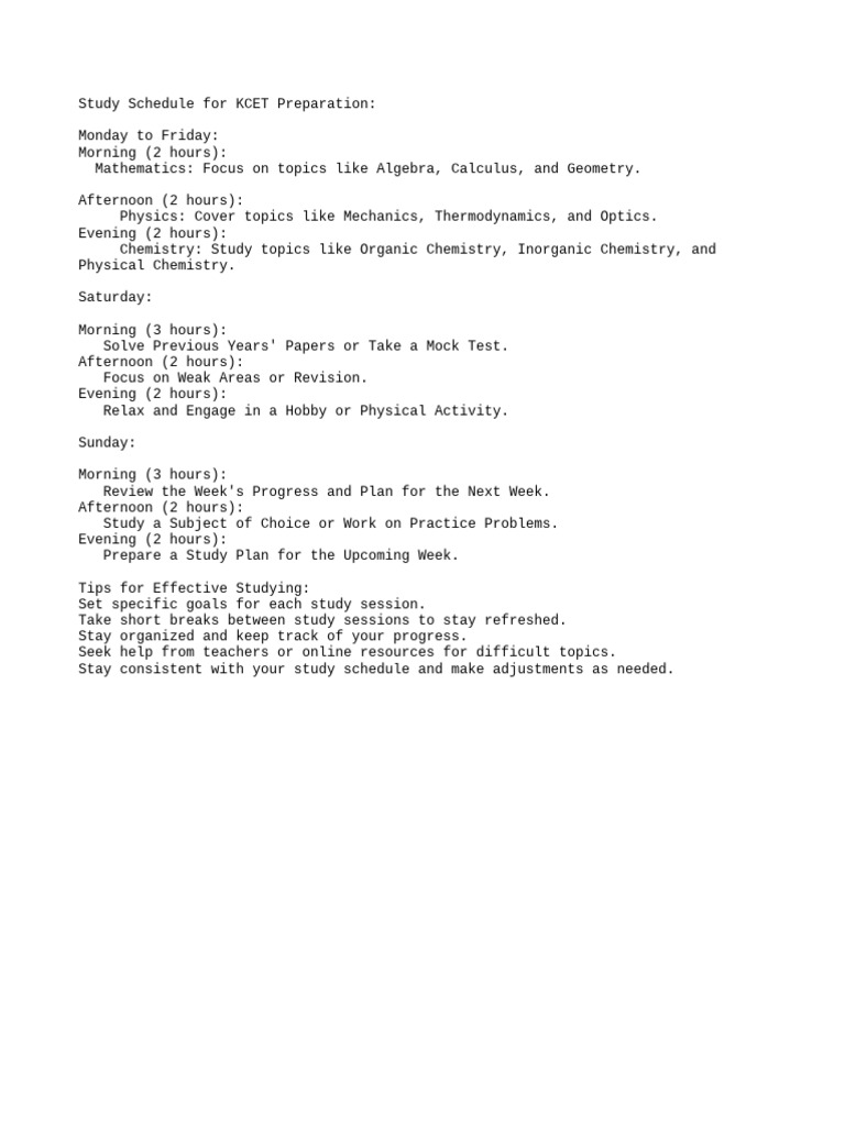 Study Schedule For KCET Preparation | PDF