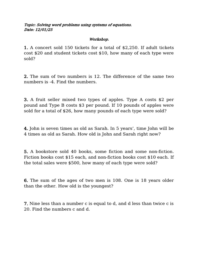 Workshop System of Equations. | PDF