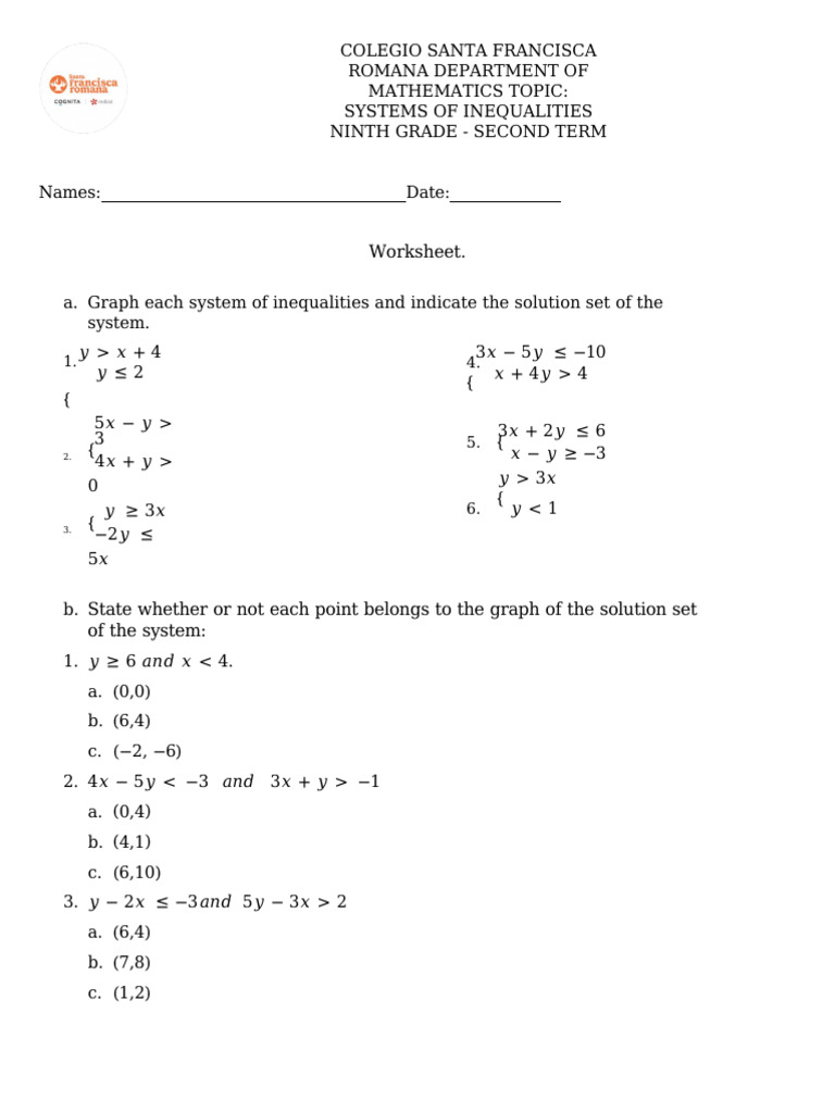 Worksheet Systems of Inequalities | PDF