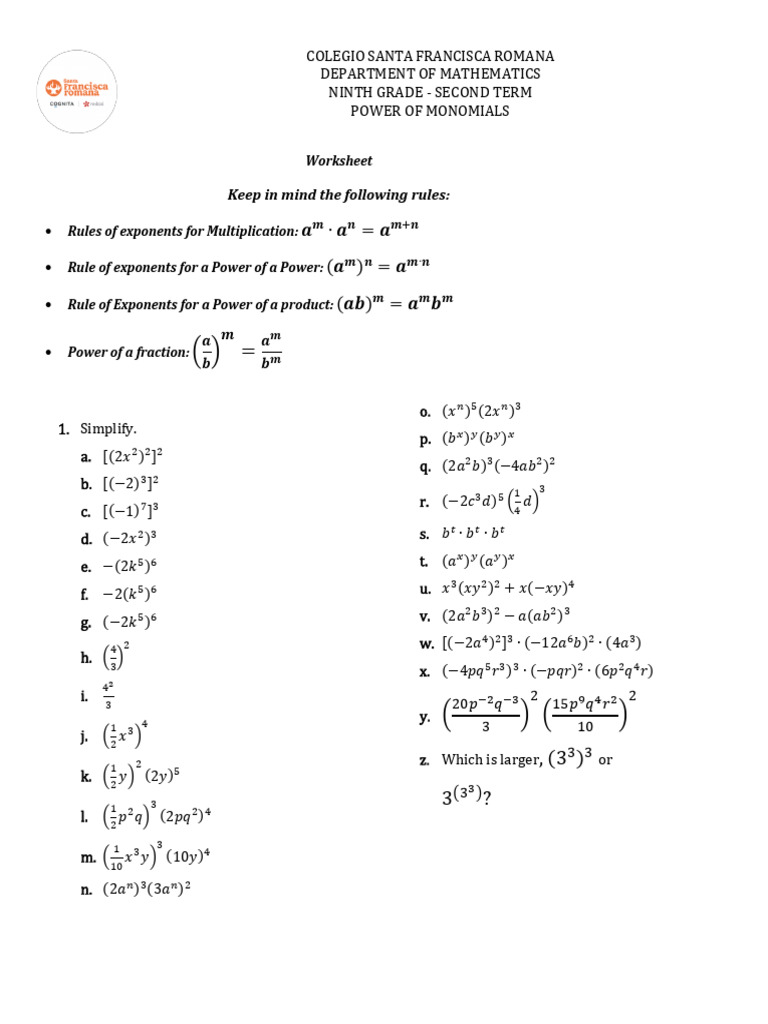 Power of Monomials Worksheet | PDF