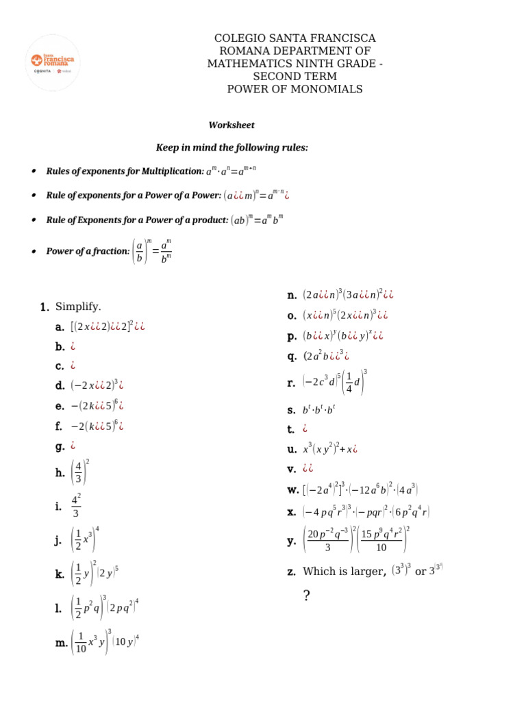 Worksheet Power of Monomials | PDF