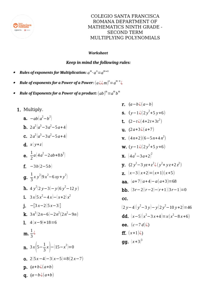 Worksheet Multiplying Polynomials | PDF