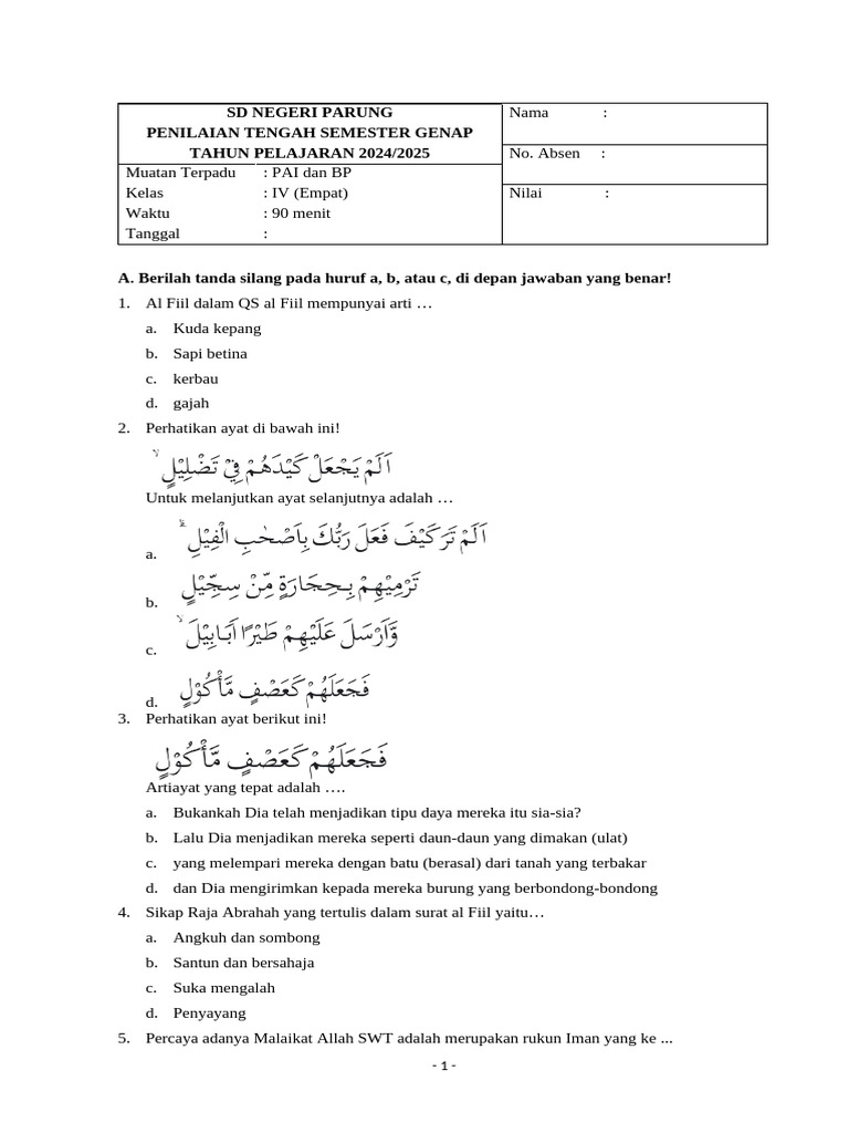 Soal PTS 2 PAI Kelas 4 K13 | PDF