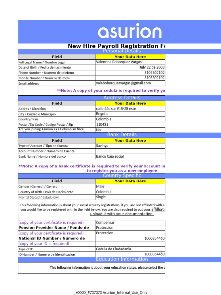 New Hire Form Asurion Bogota | PDF