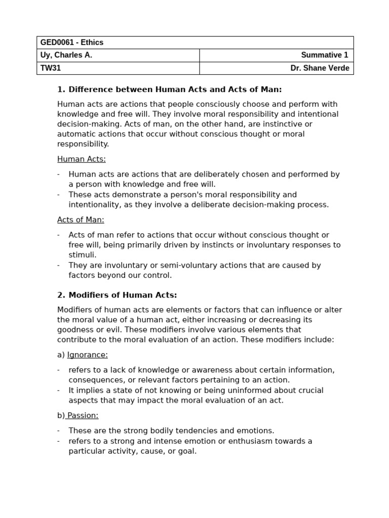 Distinctions of Human Acts vs Acts of Man | PDF | Emotions | Free Will