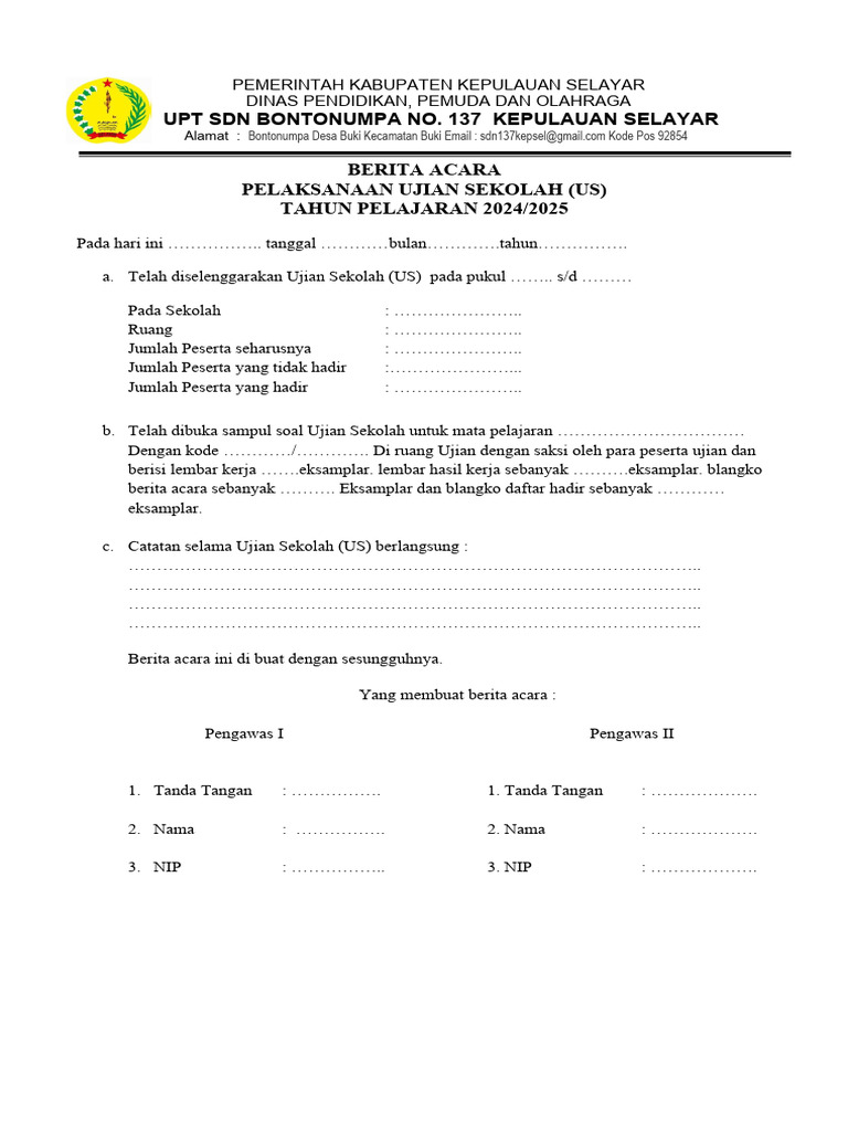 Berita Acara Pelaksanaan Ujian Sekolah | PDF