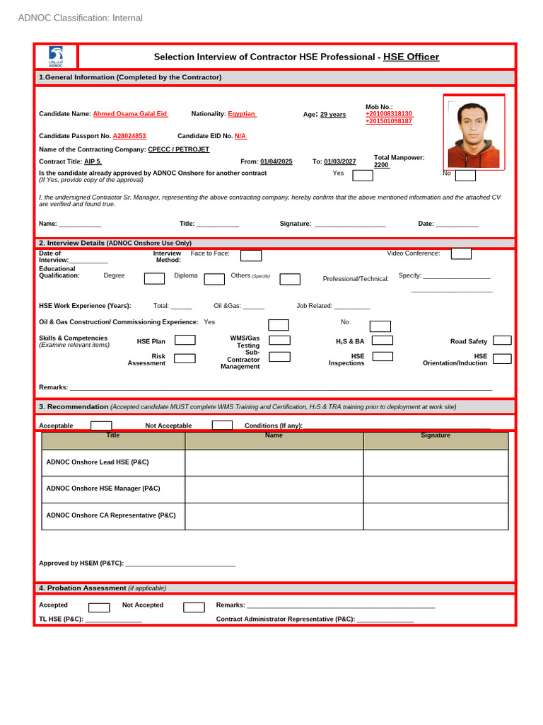 HSE Officer Ahmed Osama Galal Interview Form Rev 2 | PDF