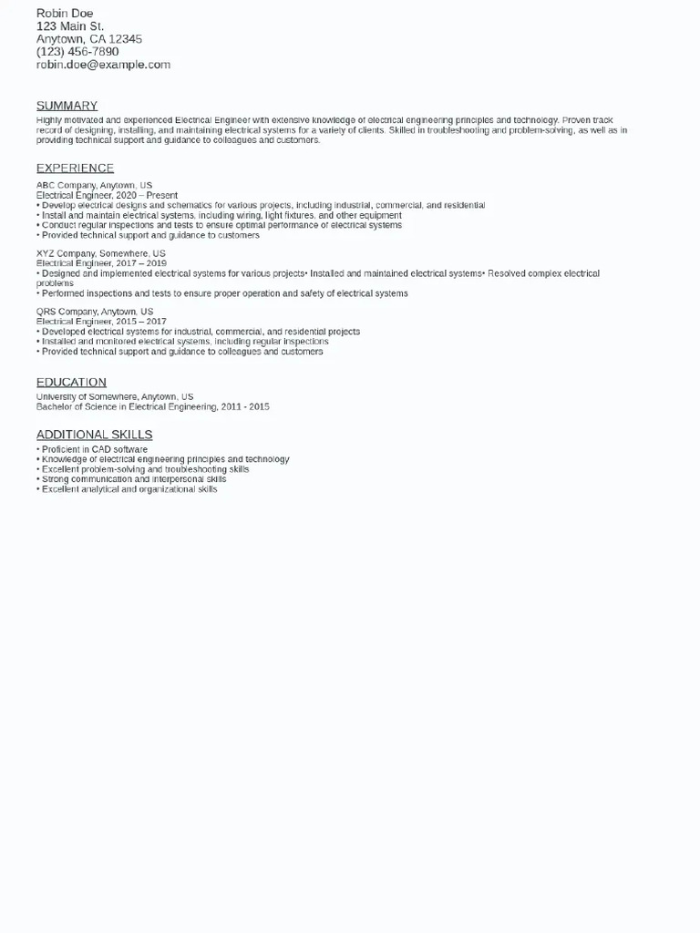 Electrical Engineer Resume Sample Template | PDF