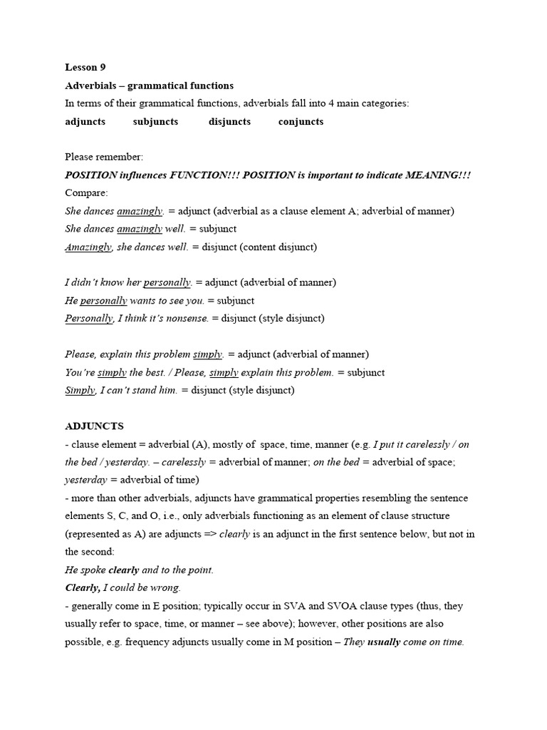 Lesson 9 Grammatical Functions of Adverbials | PDF | Clause | Sentence ...