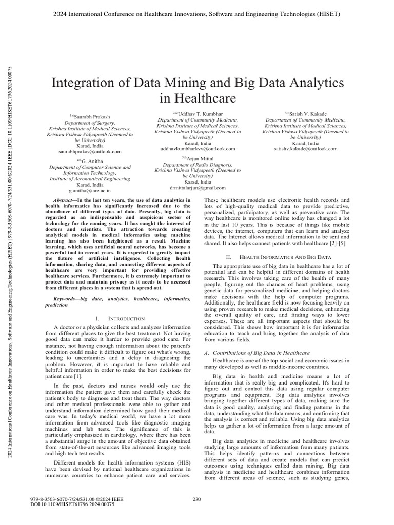 Integration of Data Mining and Big Data Analytics in Healthcare | PDF