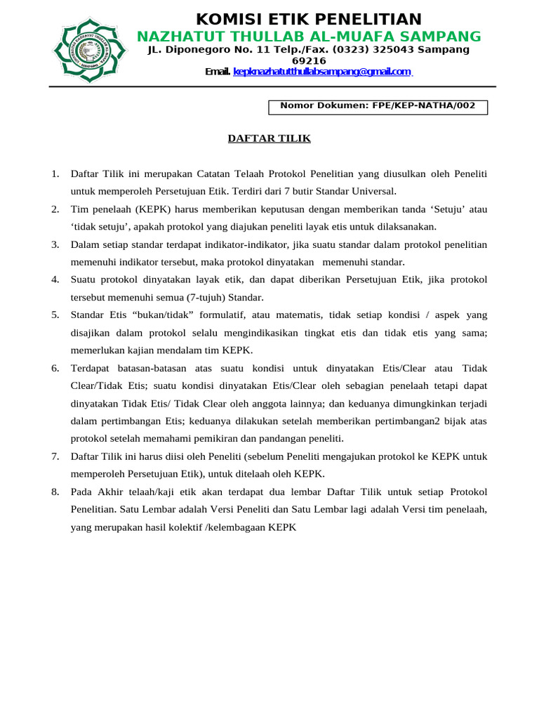 Form Telaah Protokol Etik New | PDF