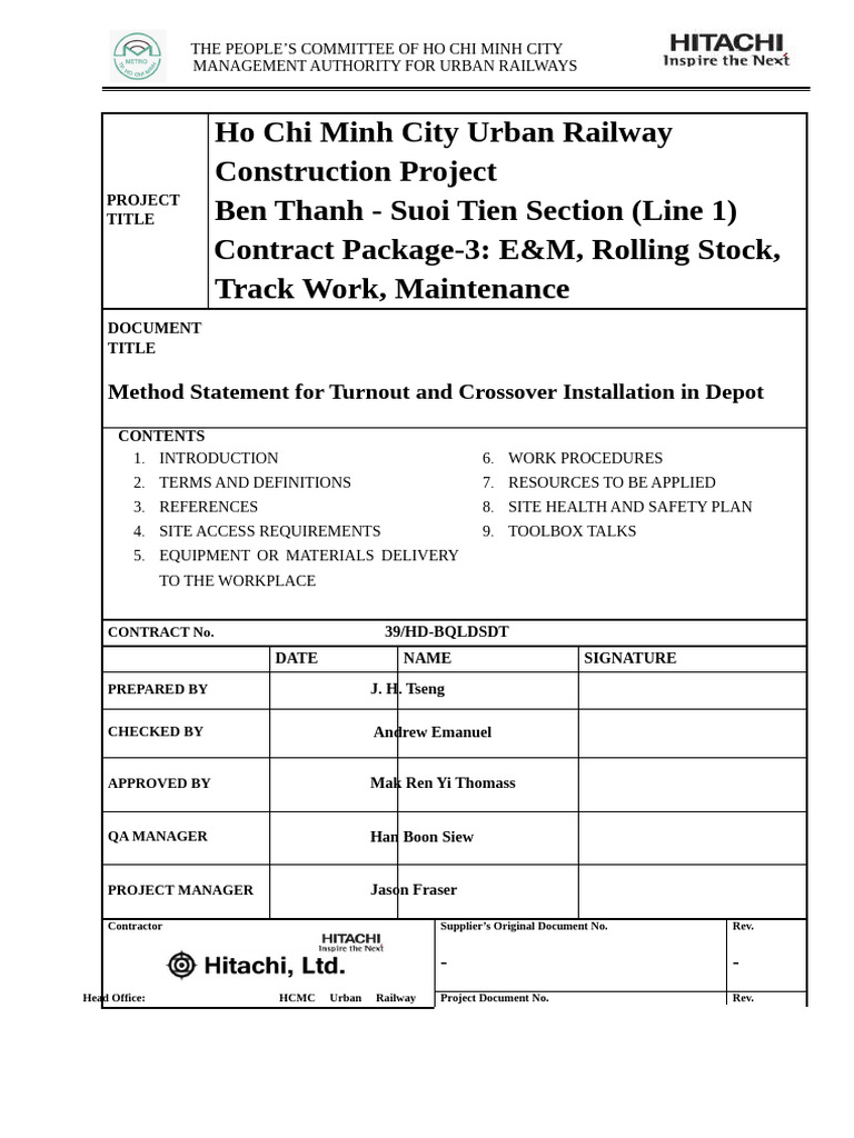 Method Statement For Turnout and Single Crossover Installation in Depot ...